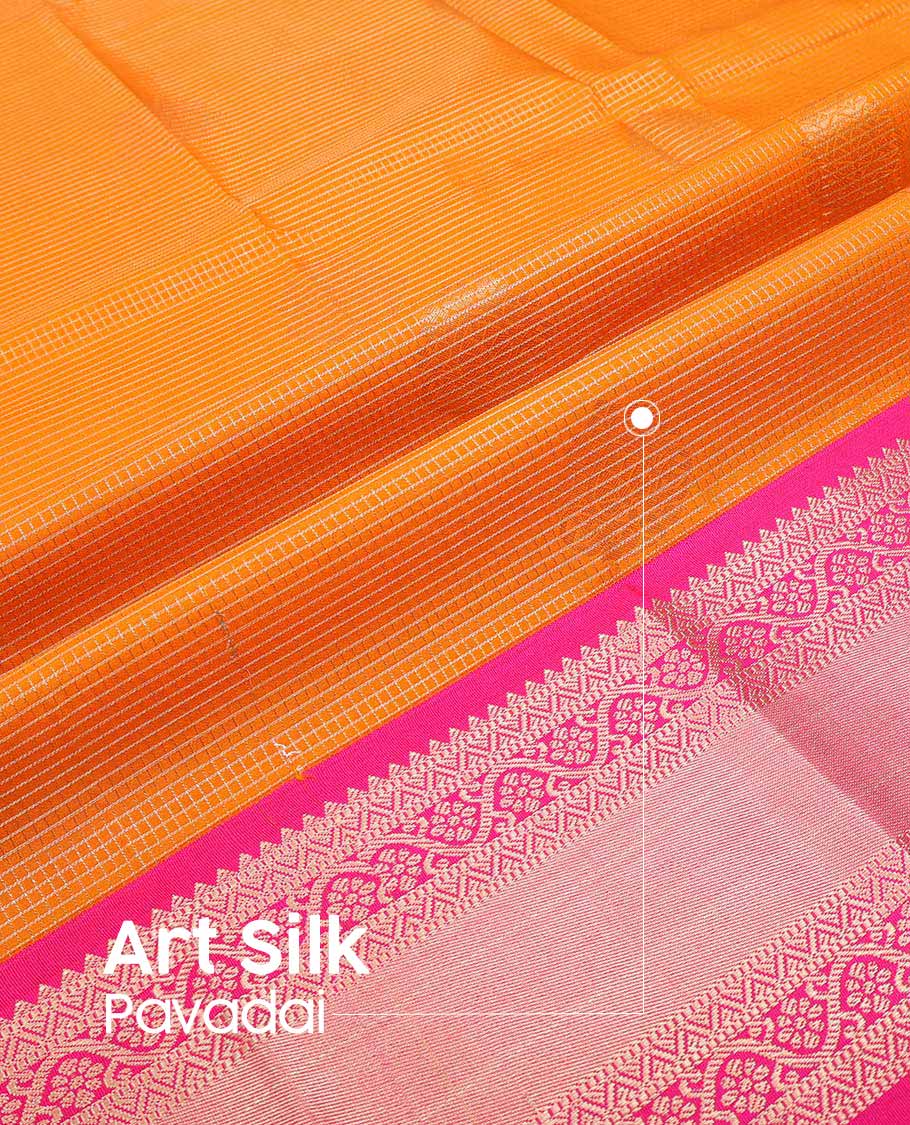 Orange checked, leaf design art silk pavadai material with contrast tr