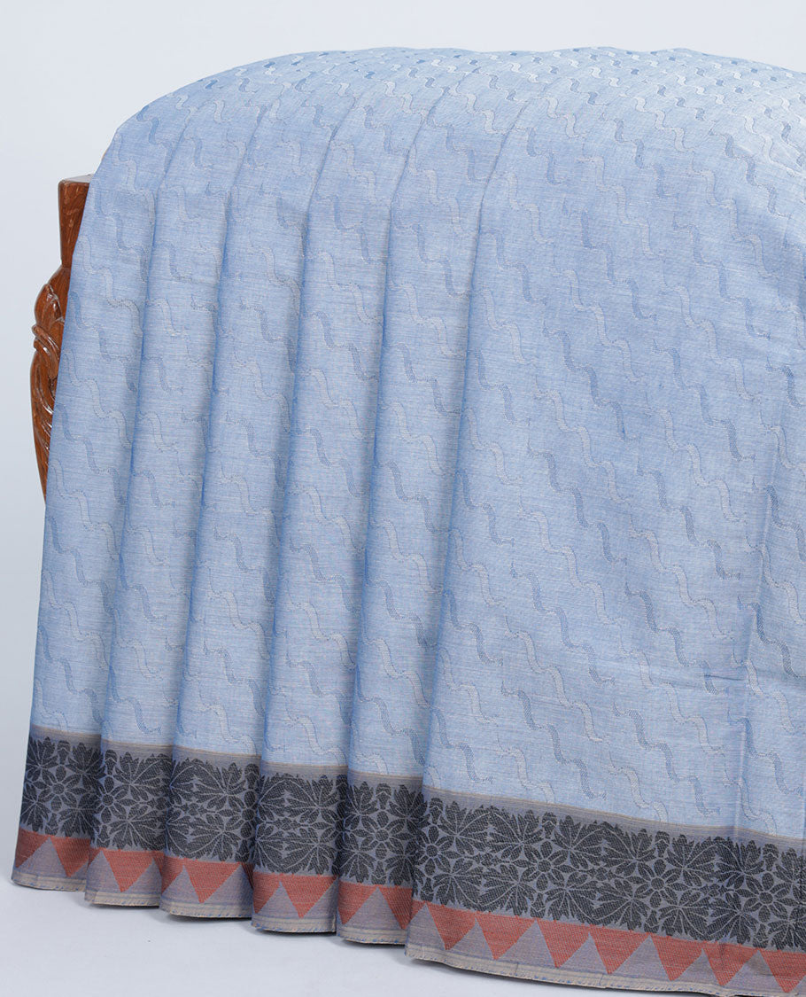 Grey zig-zag striped coimbatore cotton saree, contrast temple & floral