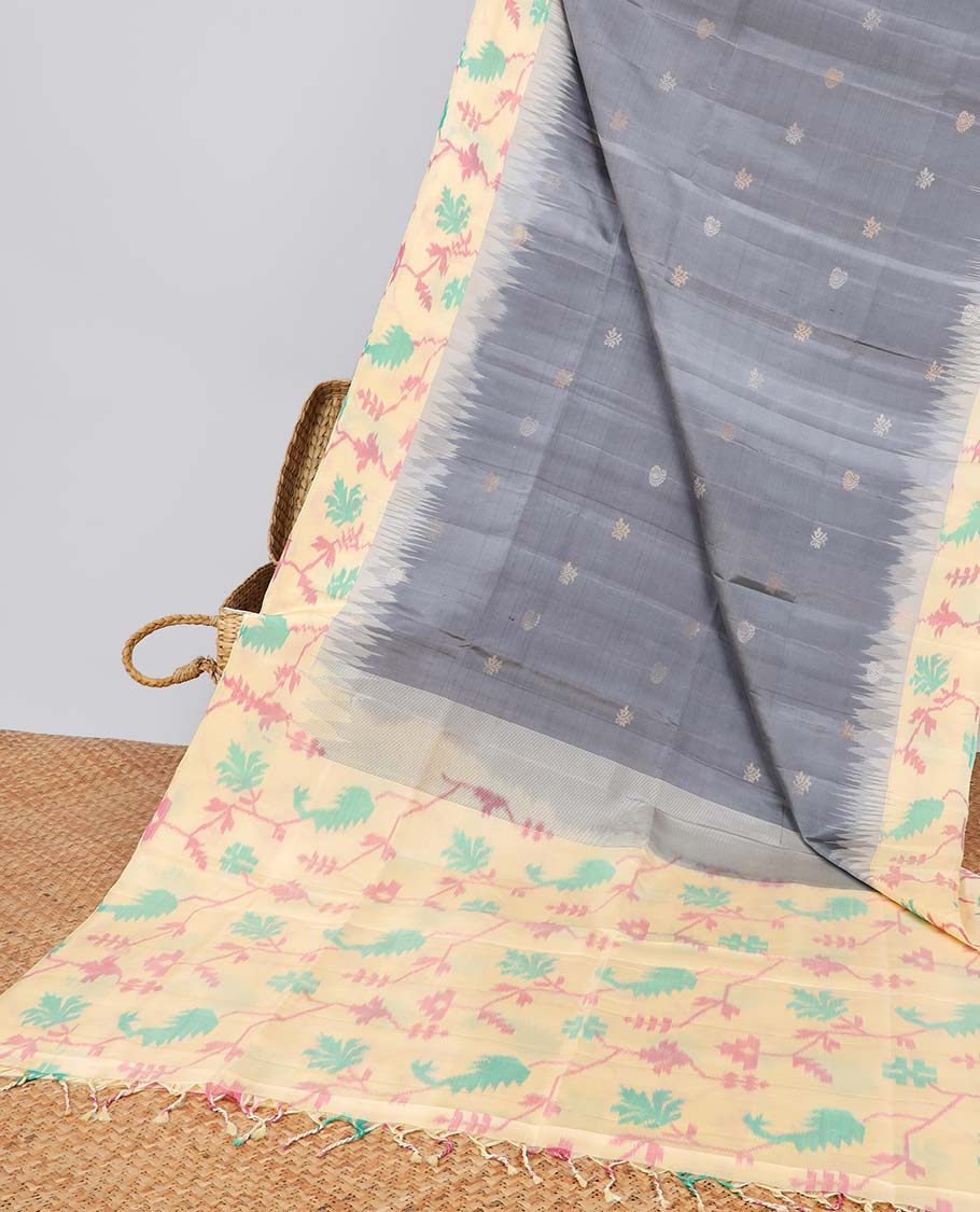 Grey floral buttas soft silk saree with contrast floral border & ikkat