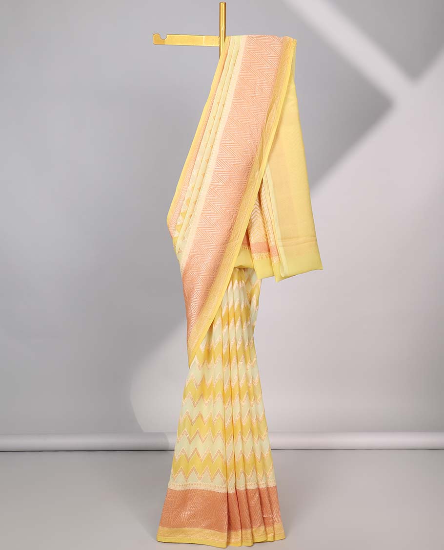 Yellow zig-zag striped banaras georgette saree with contrast border