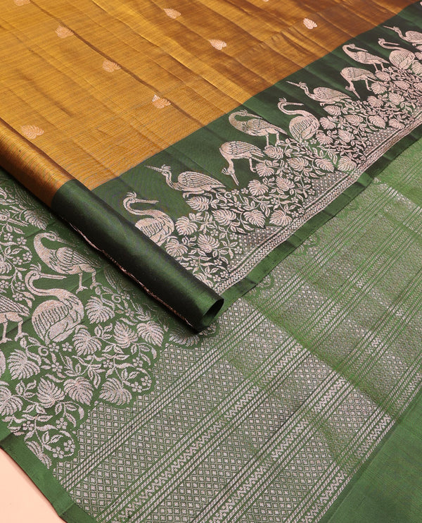 Green zari buttas soft silk saree, contrast floral and bird motifs bor
