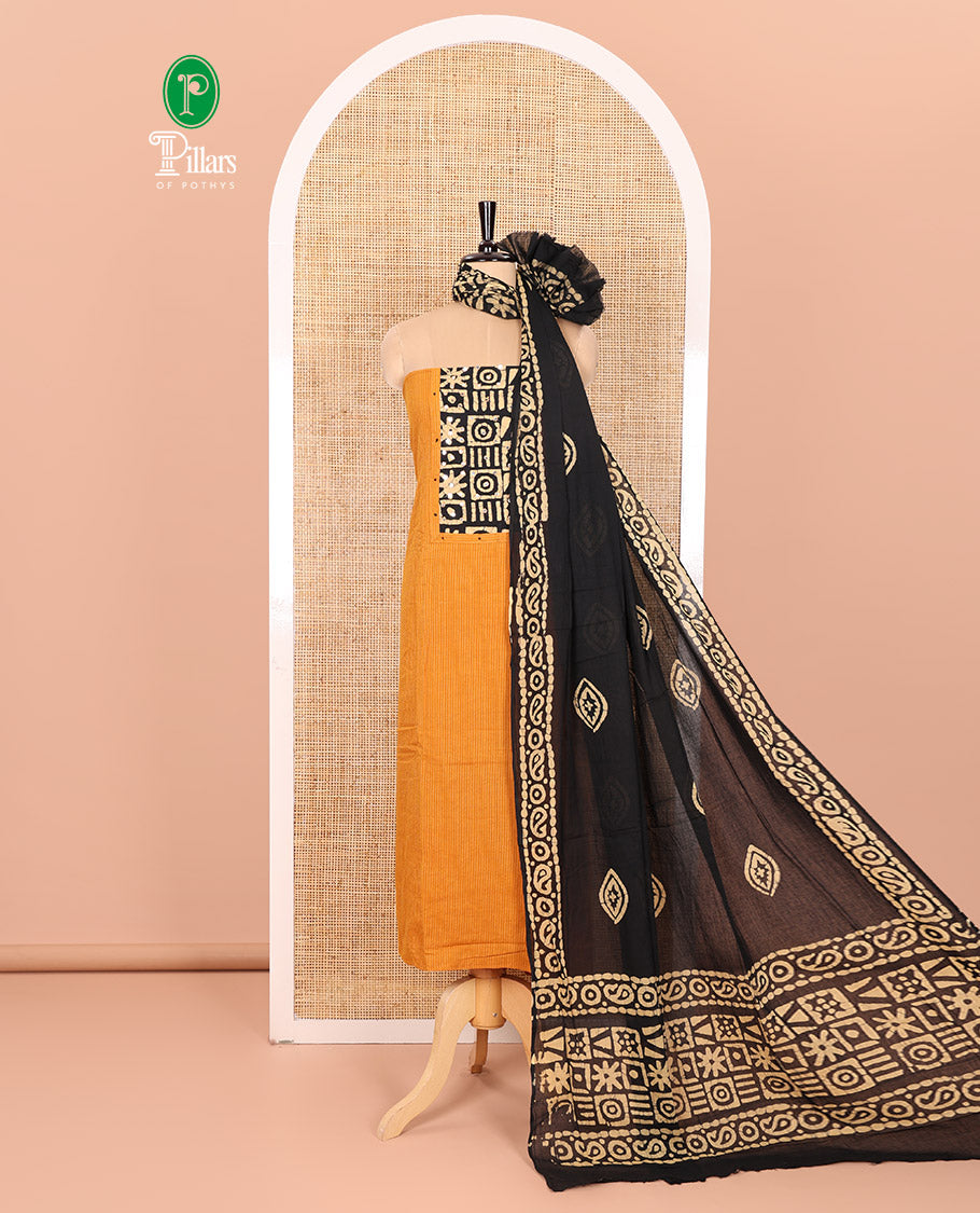 Mustard Material Chudidar Set Beautified with Kantha Embroidery, Batik