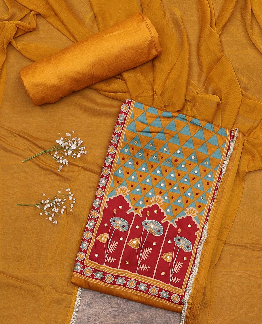 Mustard material chudidar set, Ajrakh print with mirror work neck embr