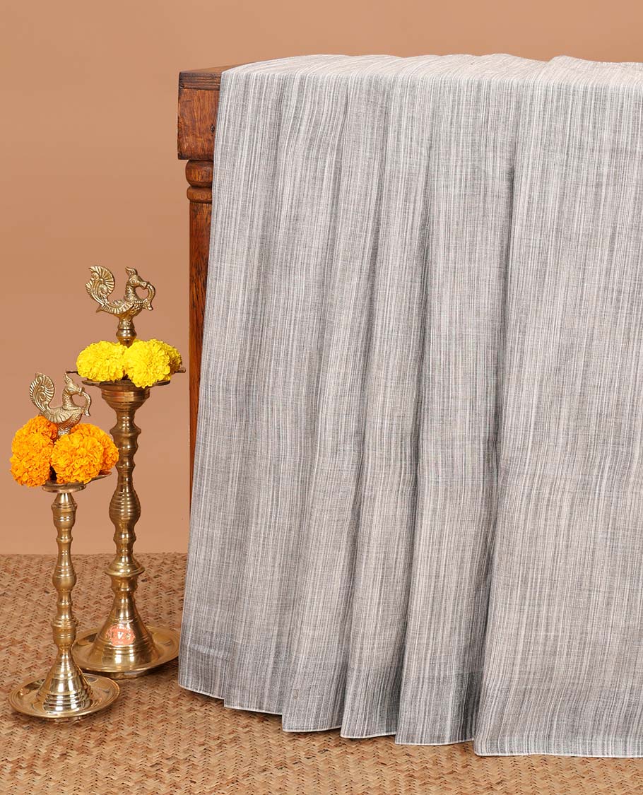 Grey linen mix cotton saree with zari bawanchi border & chit pallu alo