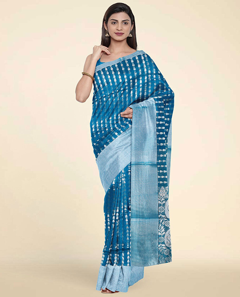 Blue Kuppadam Cotton Saree with designs on its body,contrast bavanji b
