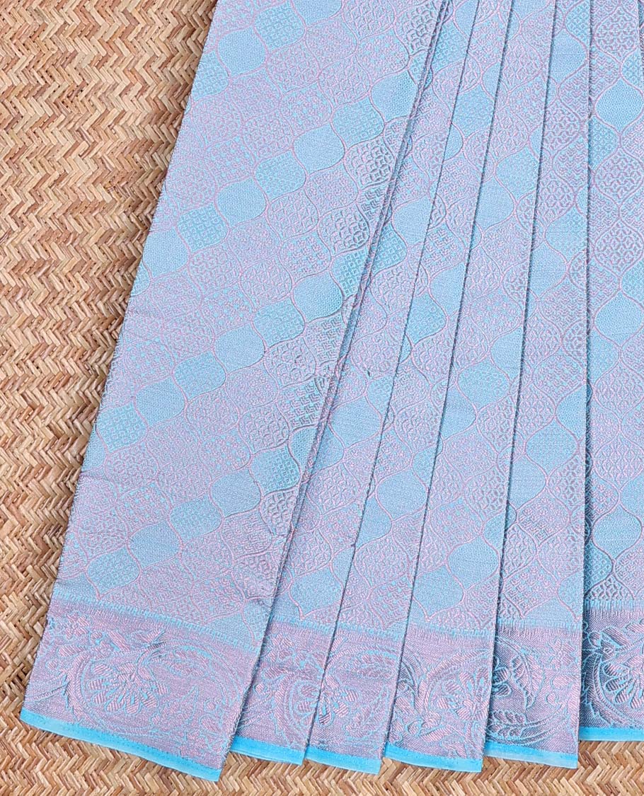Pale Blue Ogee pattern Semi Jute Saree,self-zari border & pallu of int