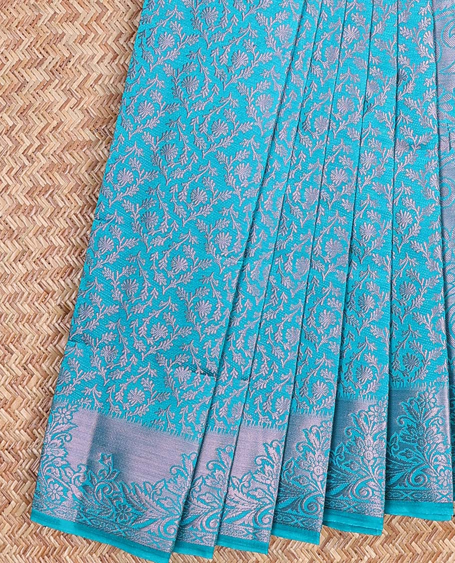 Blue floral design Semi Jute Saree,self-intricate zari border & pallu