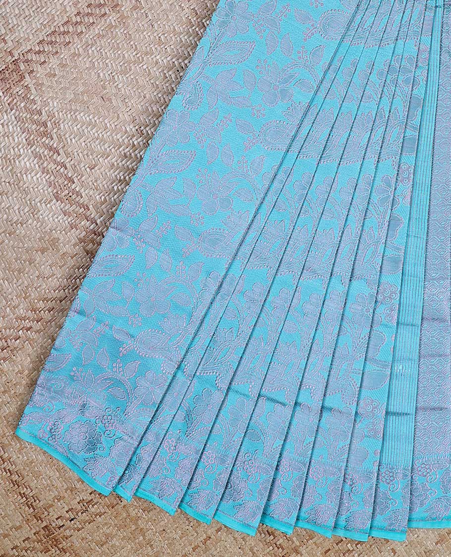 Blue Semi Jute Saree with all-over intricate floral designs, self-pall