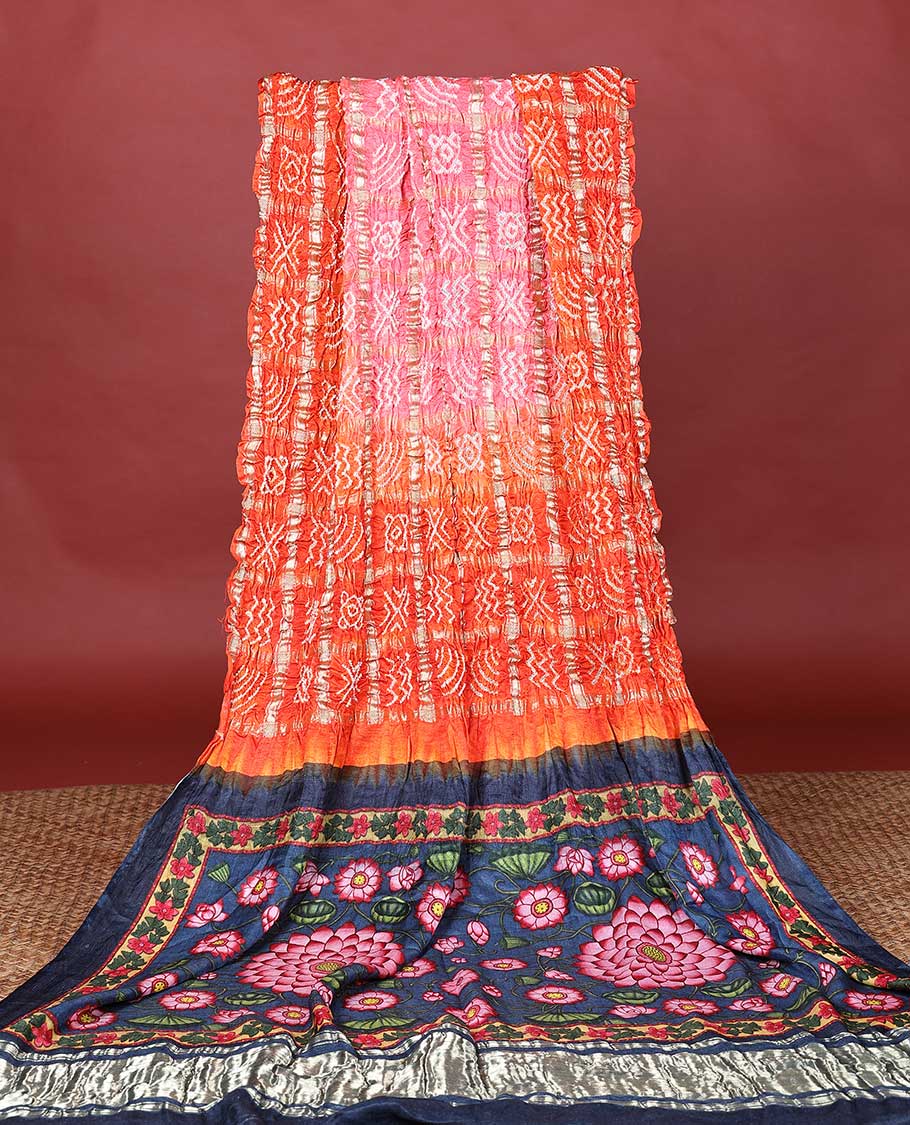 Borderless dark orange & pink Ghar Chola bandhani Satin silksaree with