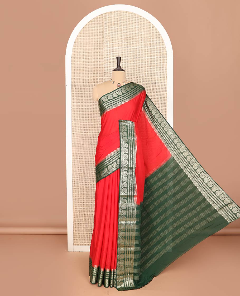 Red plain art mysore silk saree, contrast traditional zari border of p