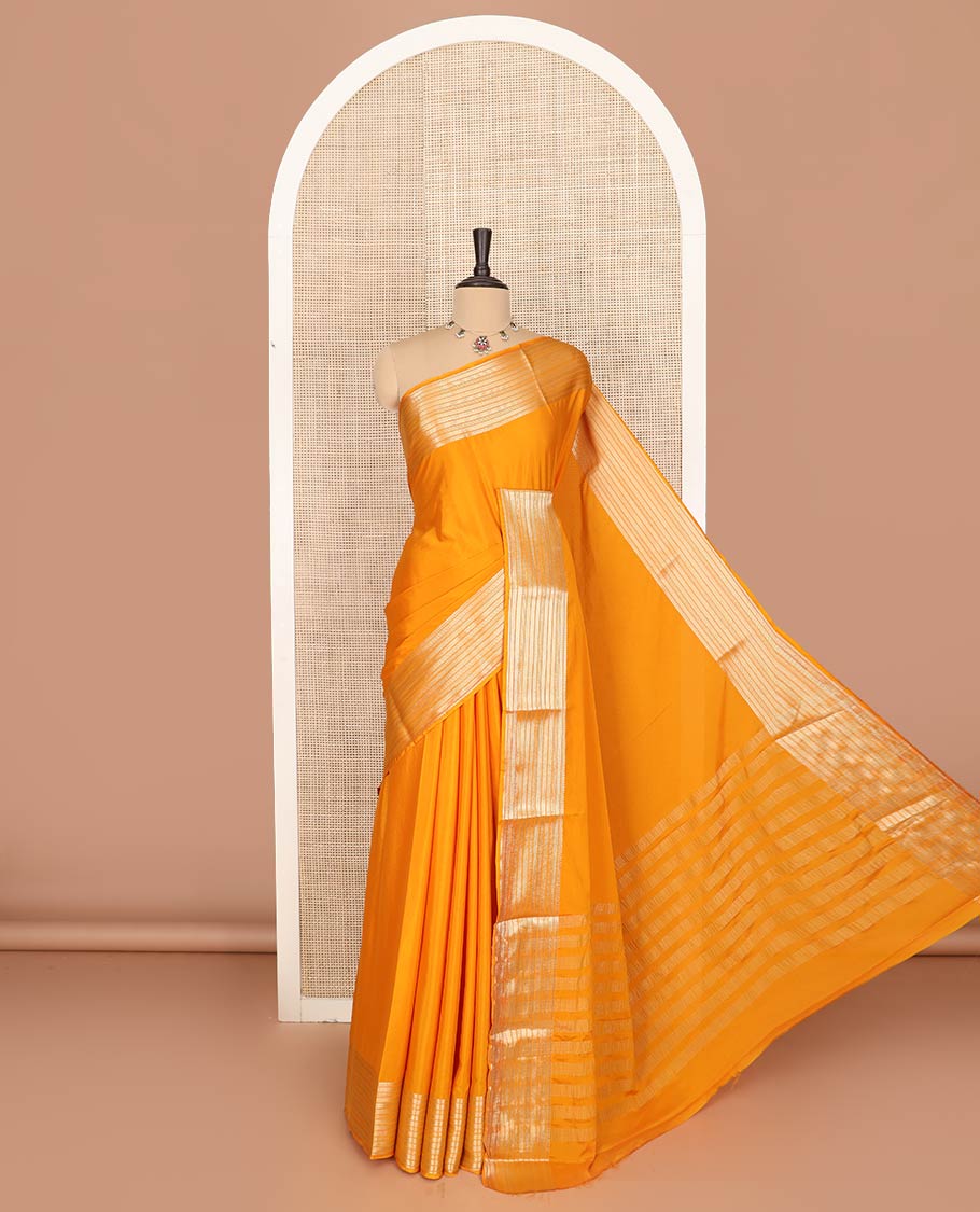 Orange plain art mysore silk saree, traditional zari design border, an