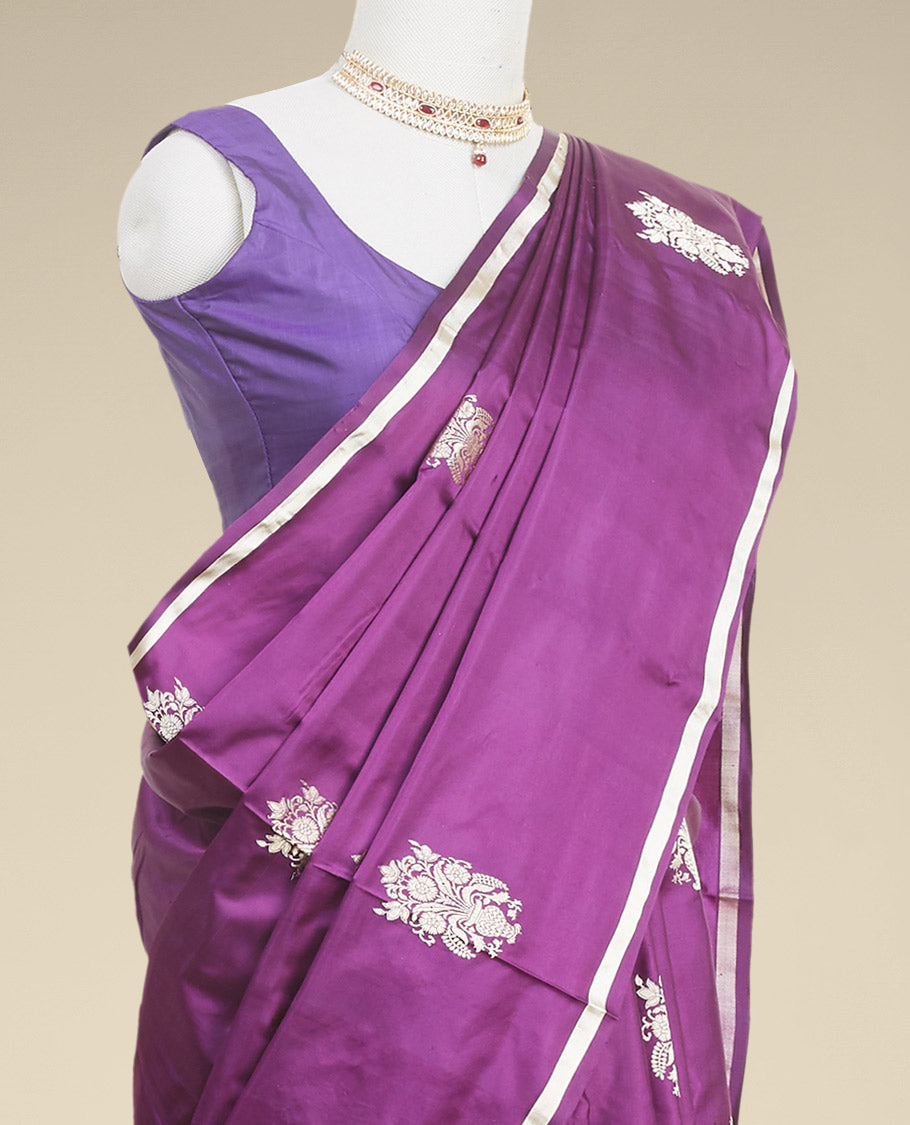 Purple floral buttas kathan silk saree with self zari border