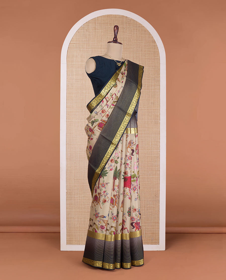 Multi-color floral vine, tree, and camel motifs printed Mysore silk sa