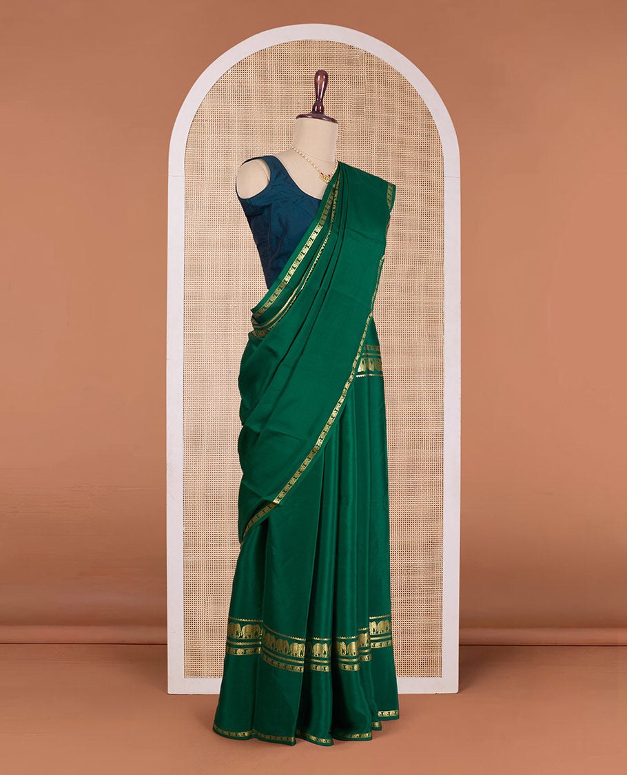 Green plain Mysore silk saree, rettai pettu traditional zari border of