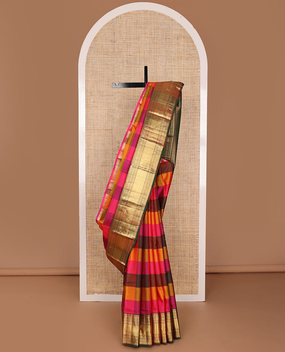 Multi-color paalum pazhamum checked silksaree,contrast jaal pallu & bo
