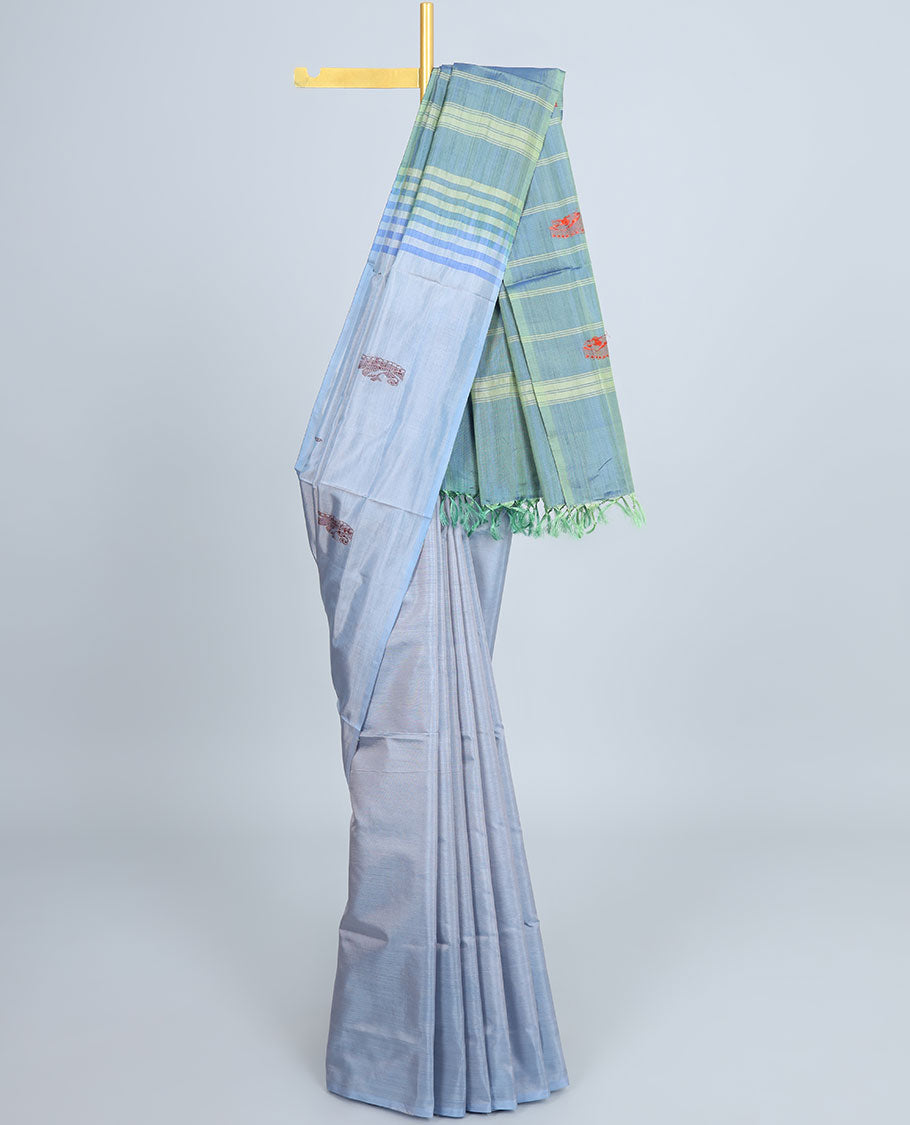 Borderless grey banana pith saree with all-over buttas, contrast pallu