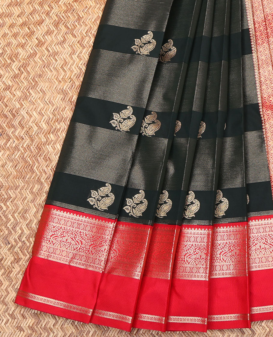 Green Budget Silk Saree, Decorated with Zari Buttas and Zari Stripes A