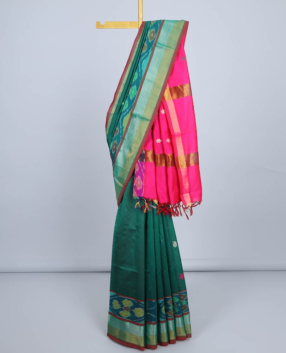 Green kuppadam cotton saree with paisleys, contrast ikkat design borde