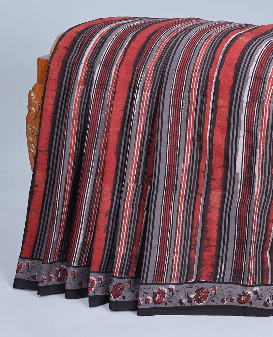 Multi-color striped mul-mul cotton saree, contrast floral creeper bord