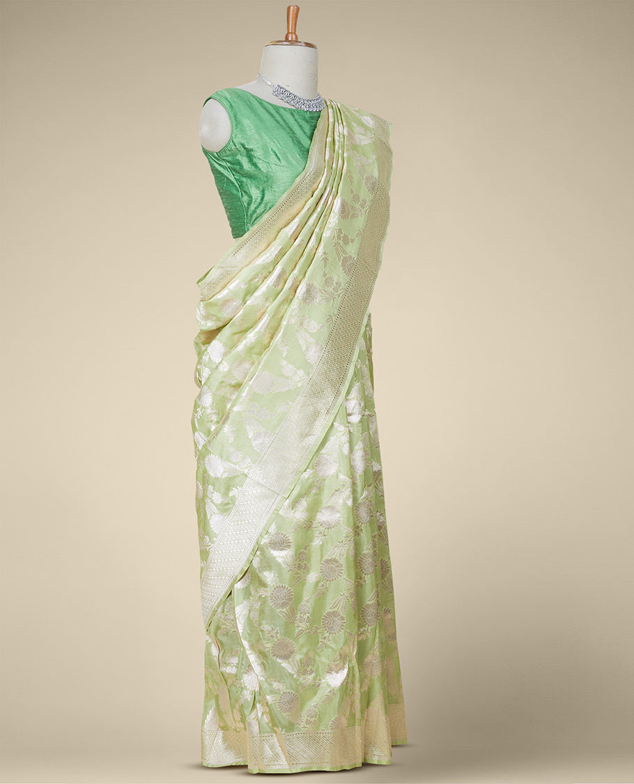 Green floral jaal jacquard banaras silk saree, zari border & pallu of