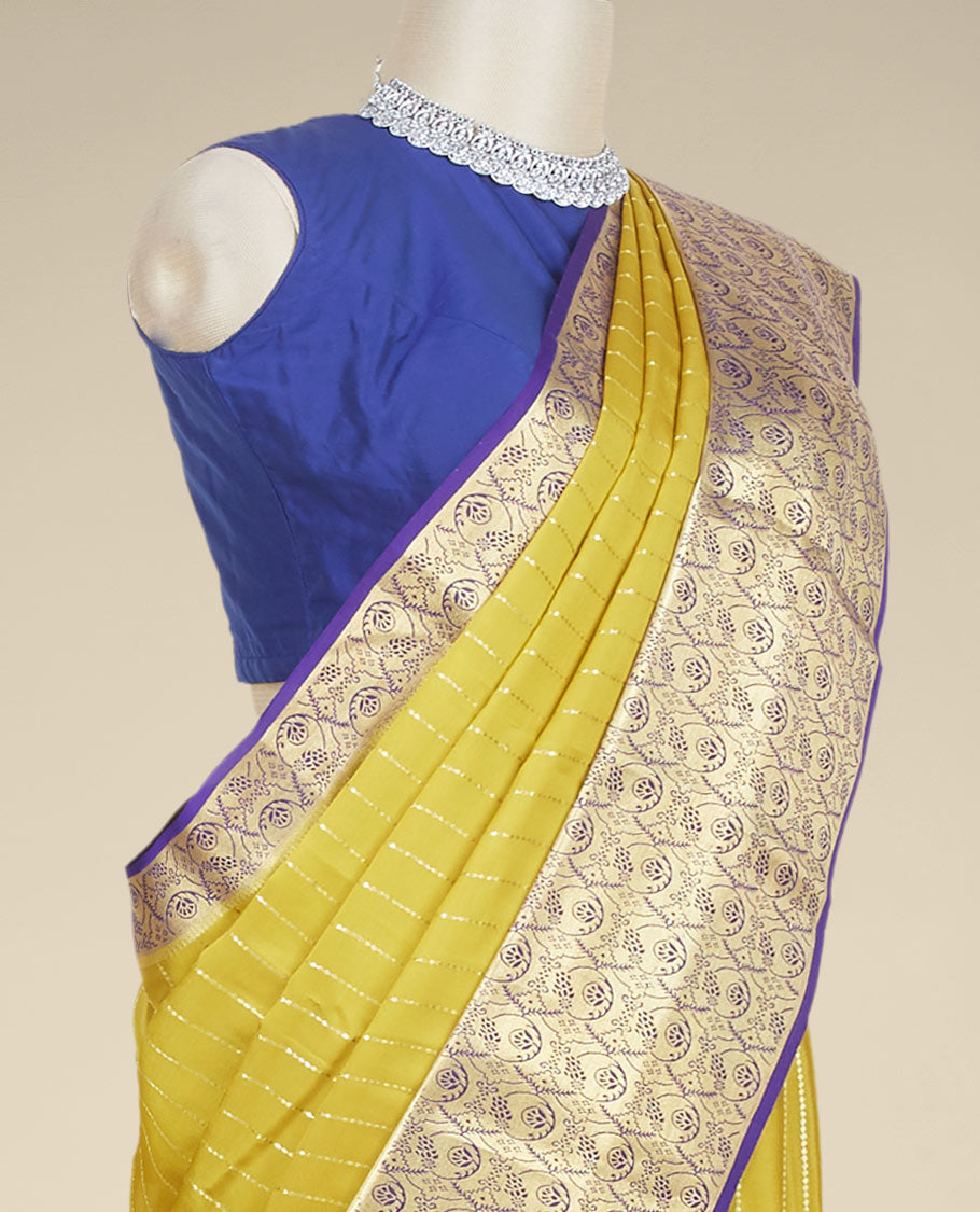 Gold zari designs mysore silksaree, contrast floral design zari border