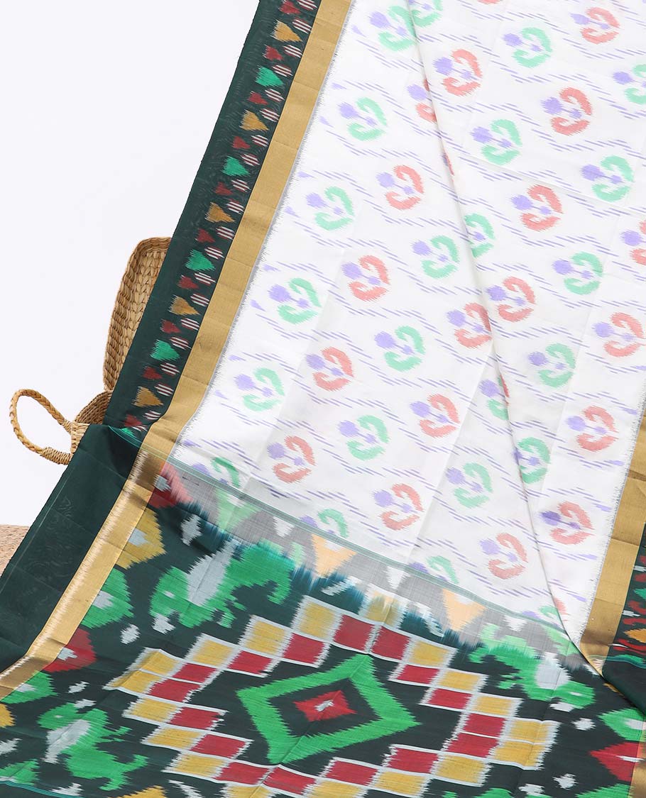 Cream ikkat design soft silk saree, contrast ikkat border & pallu of i