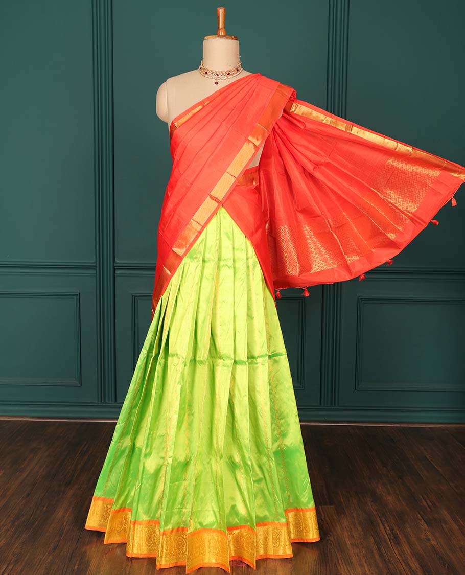 Green zari designs pure-silk half saree, contrast zari design blouse,