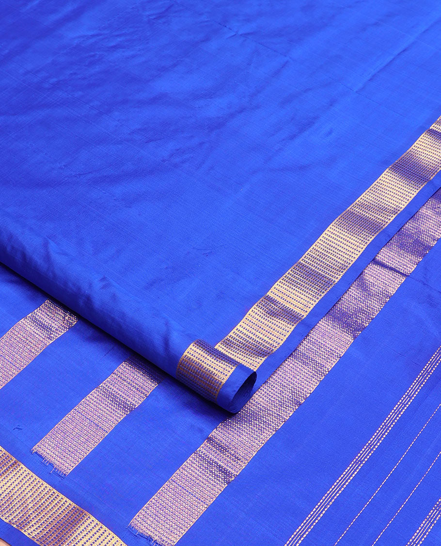 Royal blue plain nine-yard silk saree, zari border, and pallu of zari