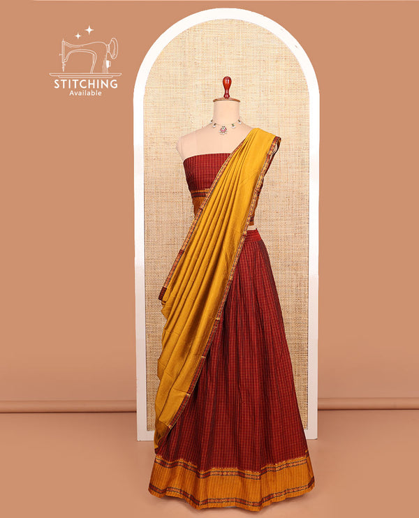 Maroon checked cotton half-saree with traditional bordered skirt, matc