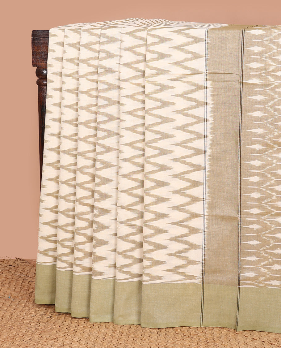 Beige chevron striped ikkat cotton saree, contrast plain khaki border,