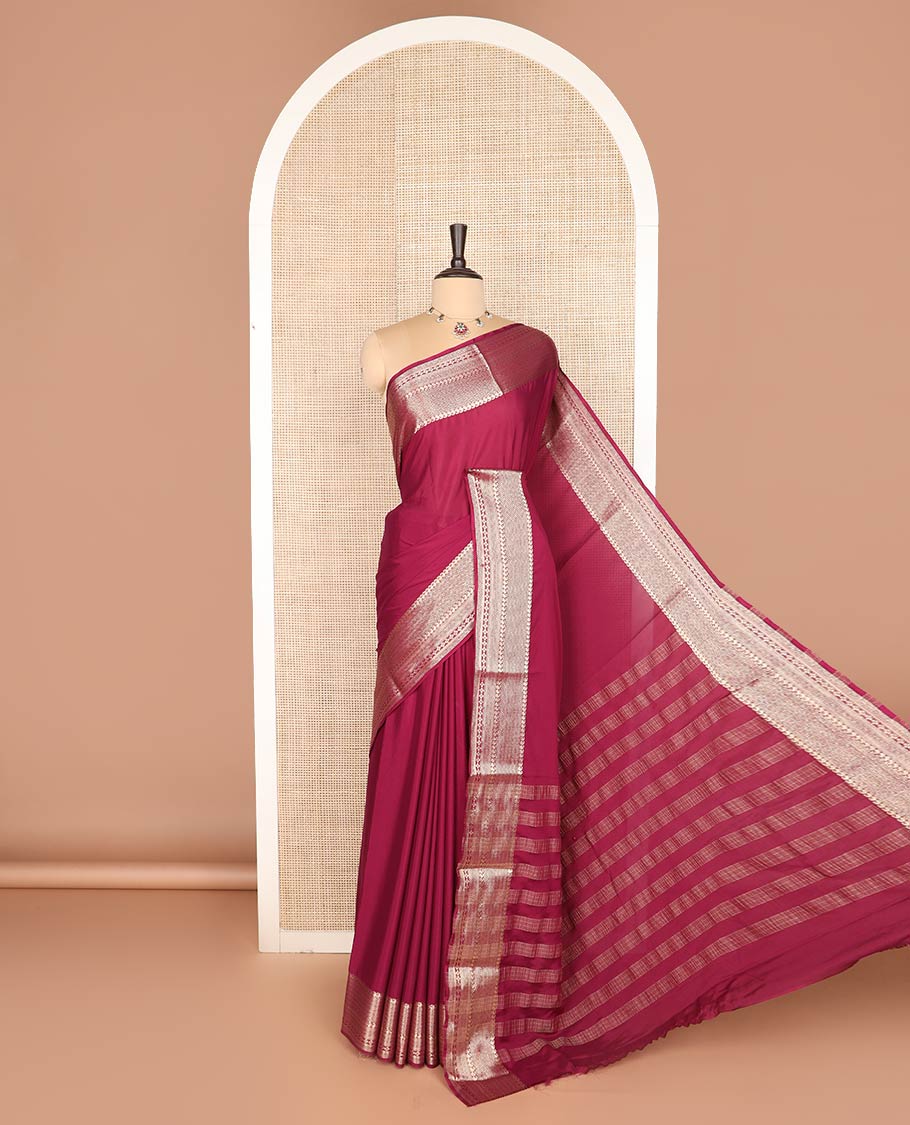 Maroon plain art mysore silk saree, traditional zari design border, an