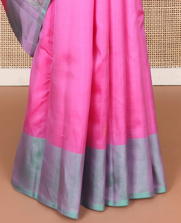 Pink kancheepuram silk saree with contrast floral design border & flor