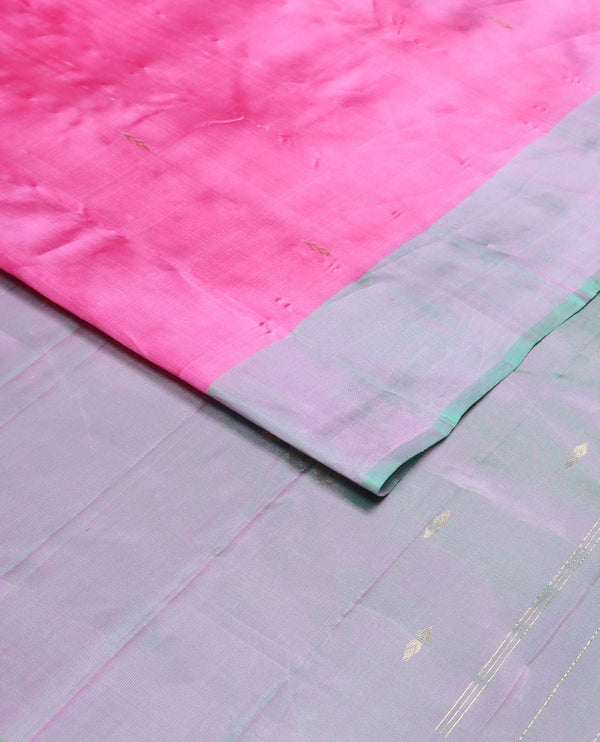 Pink kancheepuram silk saree with contrast floral design border & flor