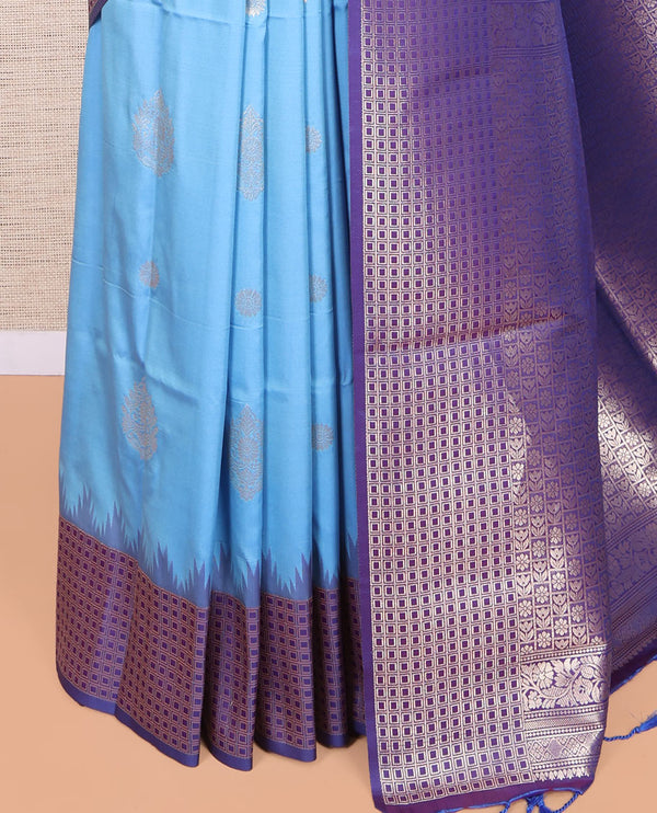 Blue Fancy Soft Silk Saree, Accentuated with Zari Buttas, Complemented