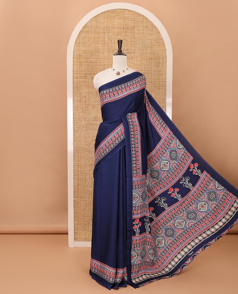 Blue plain design modal satin saree, Ajrakh printed border, floral-Ajr