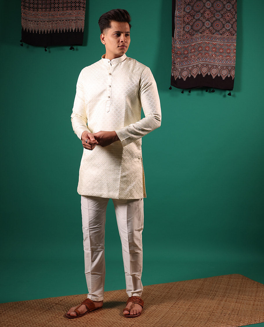Ivory ogee patterns embossed full-sleeved men's kurta