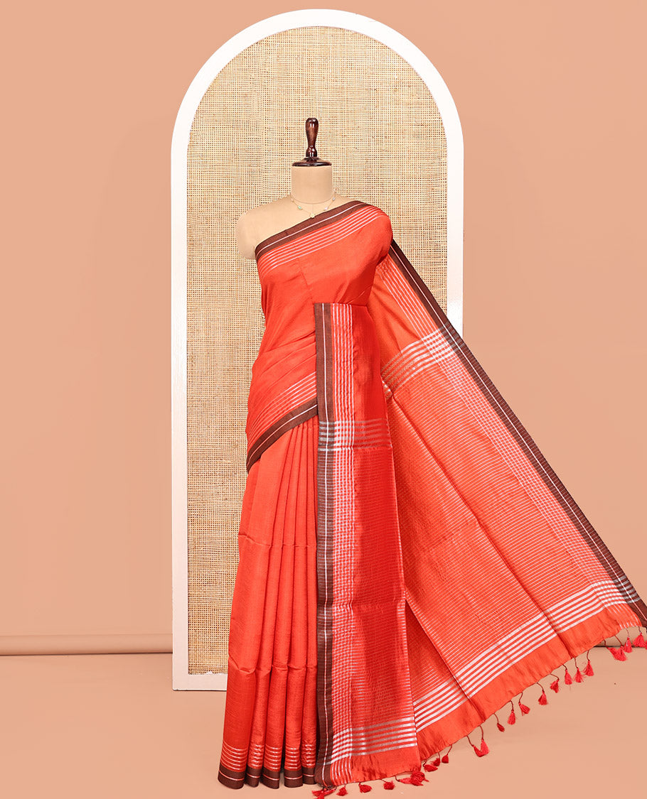 Orange Plain Banana Pith Saree, Contrast Subtly Striped Border, Pallu