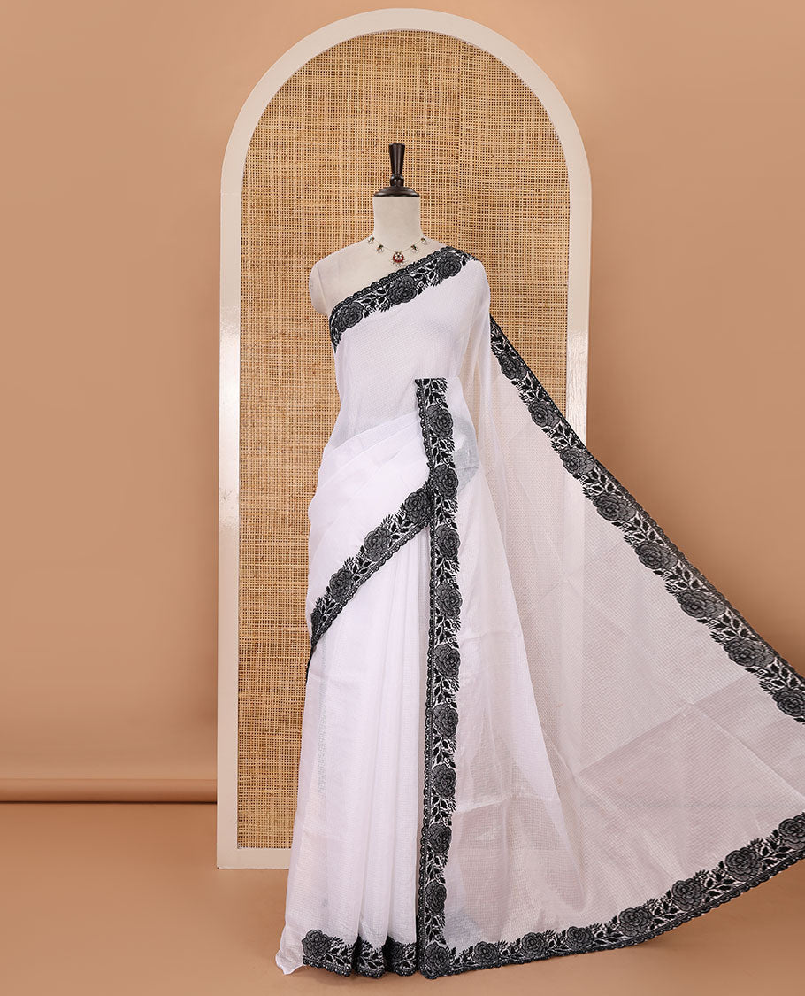 White plain kota checks saree, black rose thread embroidered scallop b