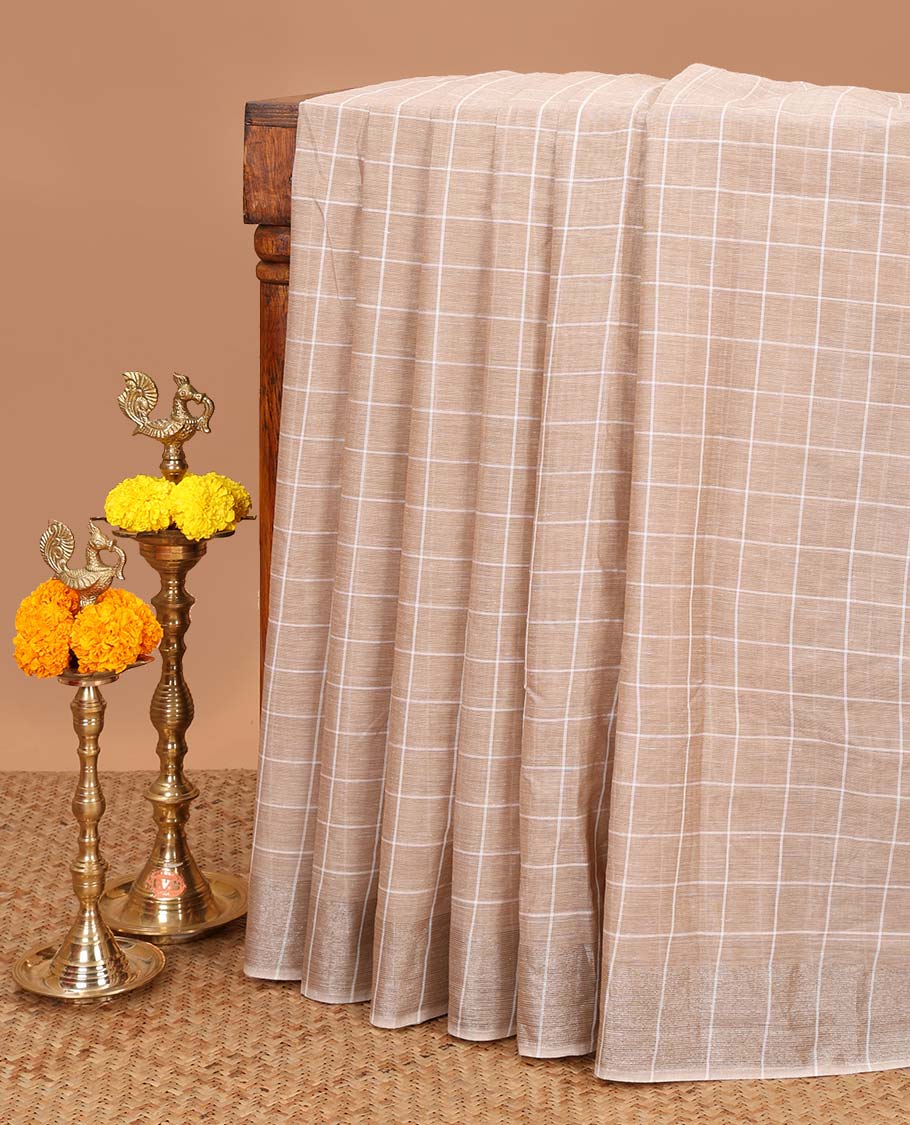 Chikku color checks jute cotton saree with zari border & zari checks p