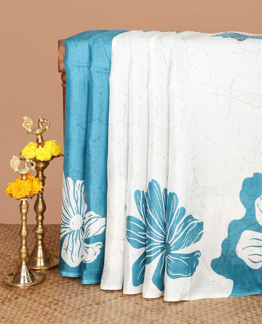 peacock blue floral design khadi silk saree with self border & solder