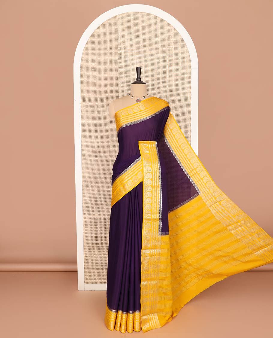 Violet plain art mysore silk saree, contrast traditional zari border o