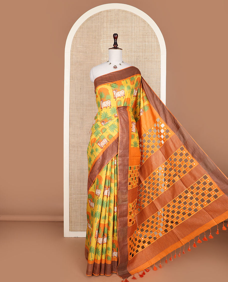 Yellow tree and Pichwai cow printed tussar silk saree, bavanji border,
